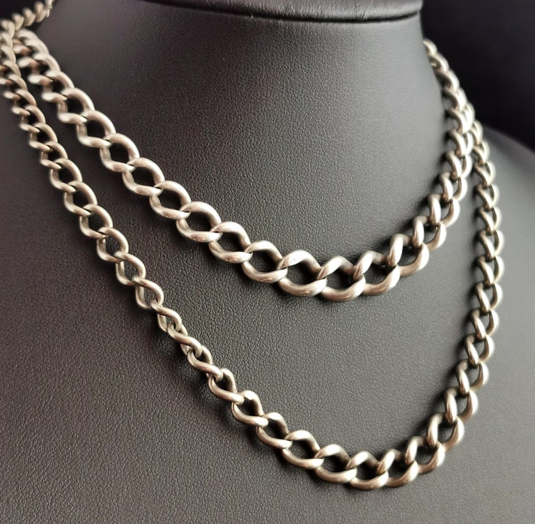 Antique Silver Long Chain Necklace, Curb Link at 1stDibs