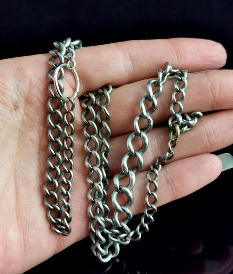 Antique Silver Long Chain Necklace, Curb Link at 1stDibs
