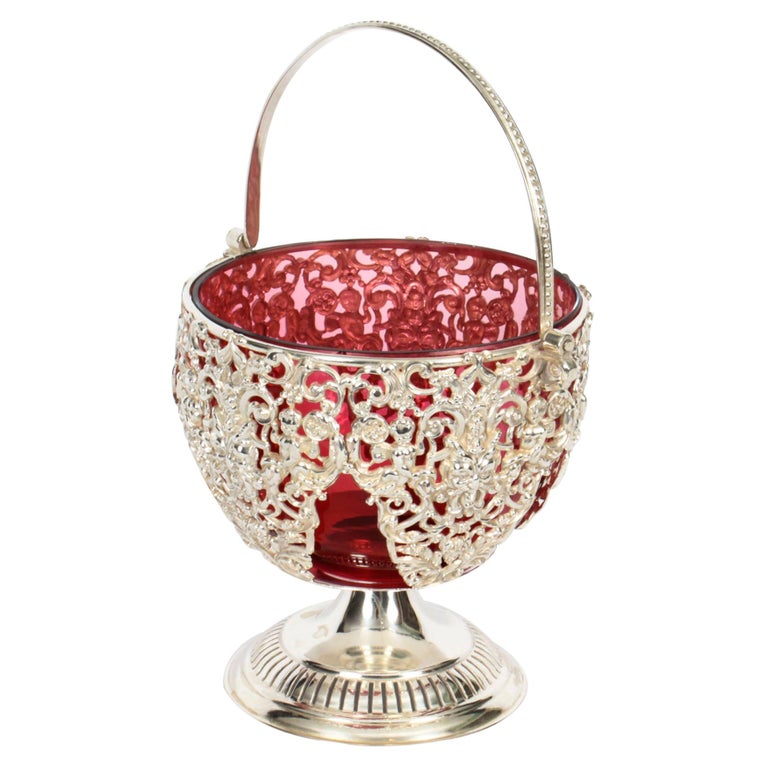Antique Silver Plate and Cranberry Glass Bon Bon Dish, 19th Century at ...
