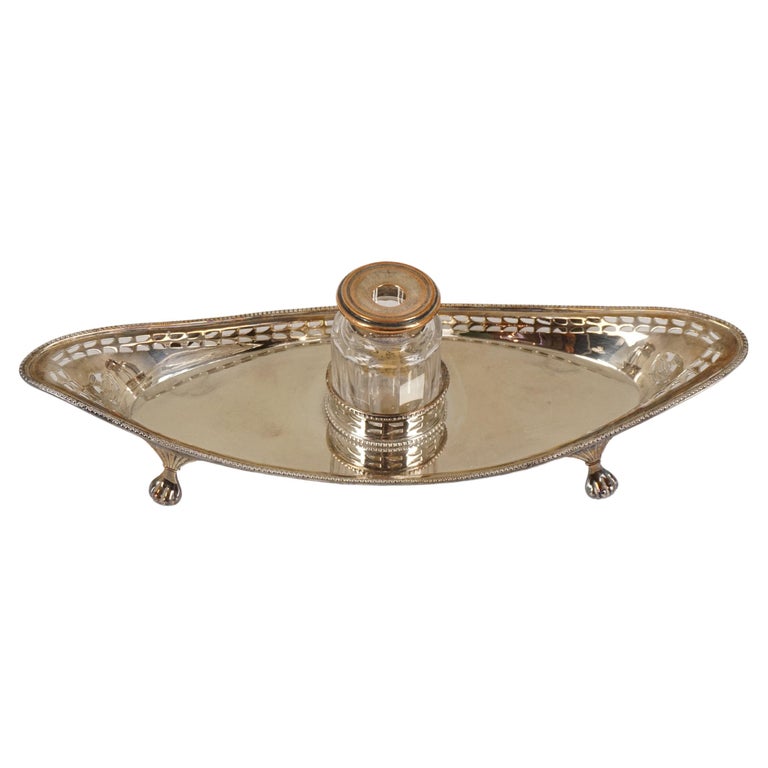 Encrier ancien de forme ovale en métal argenté et verre taillé, Écosse ...