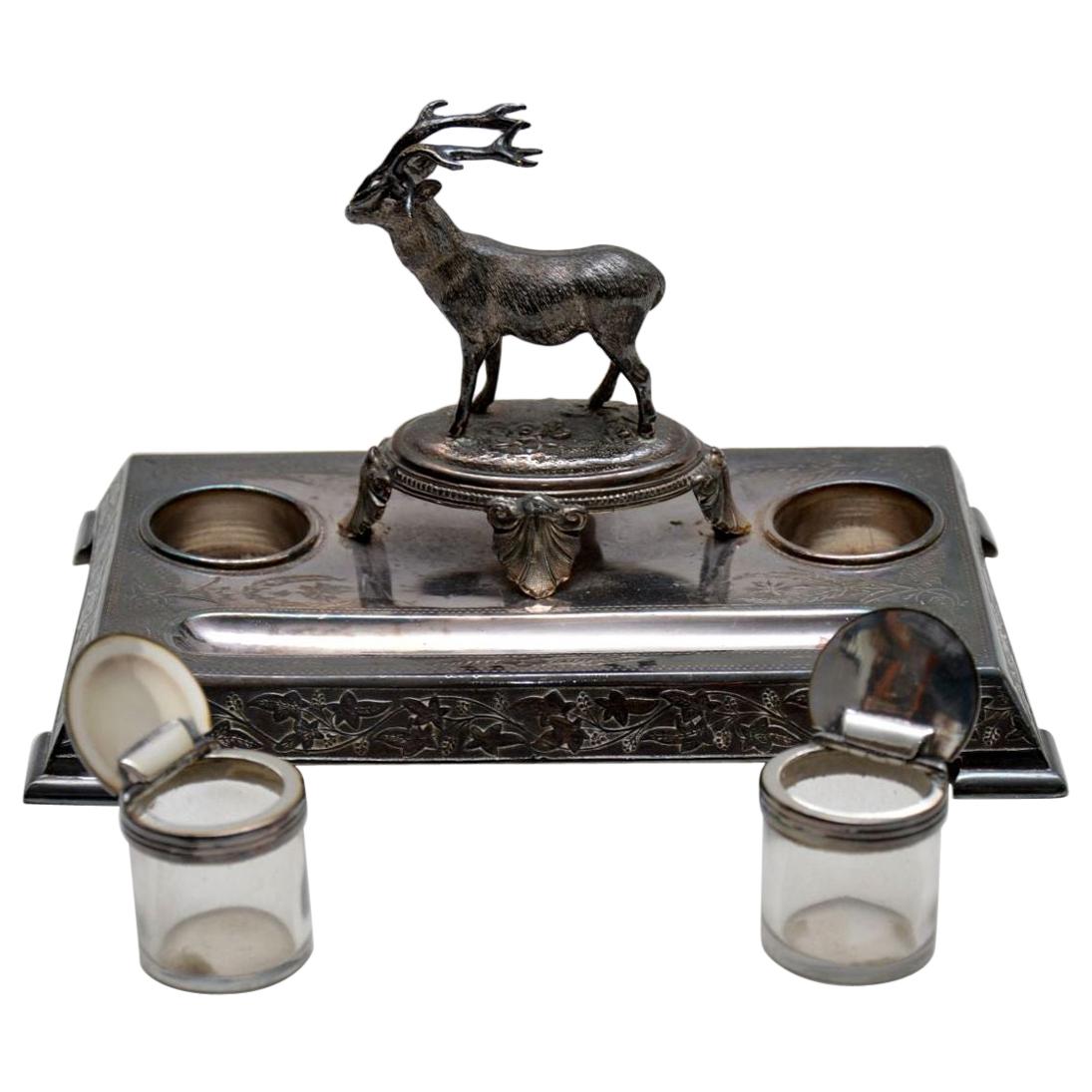 Antique Silver Plate Stag Inkwell Stand by James Deakin at 1stDibs