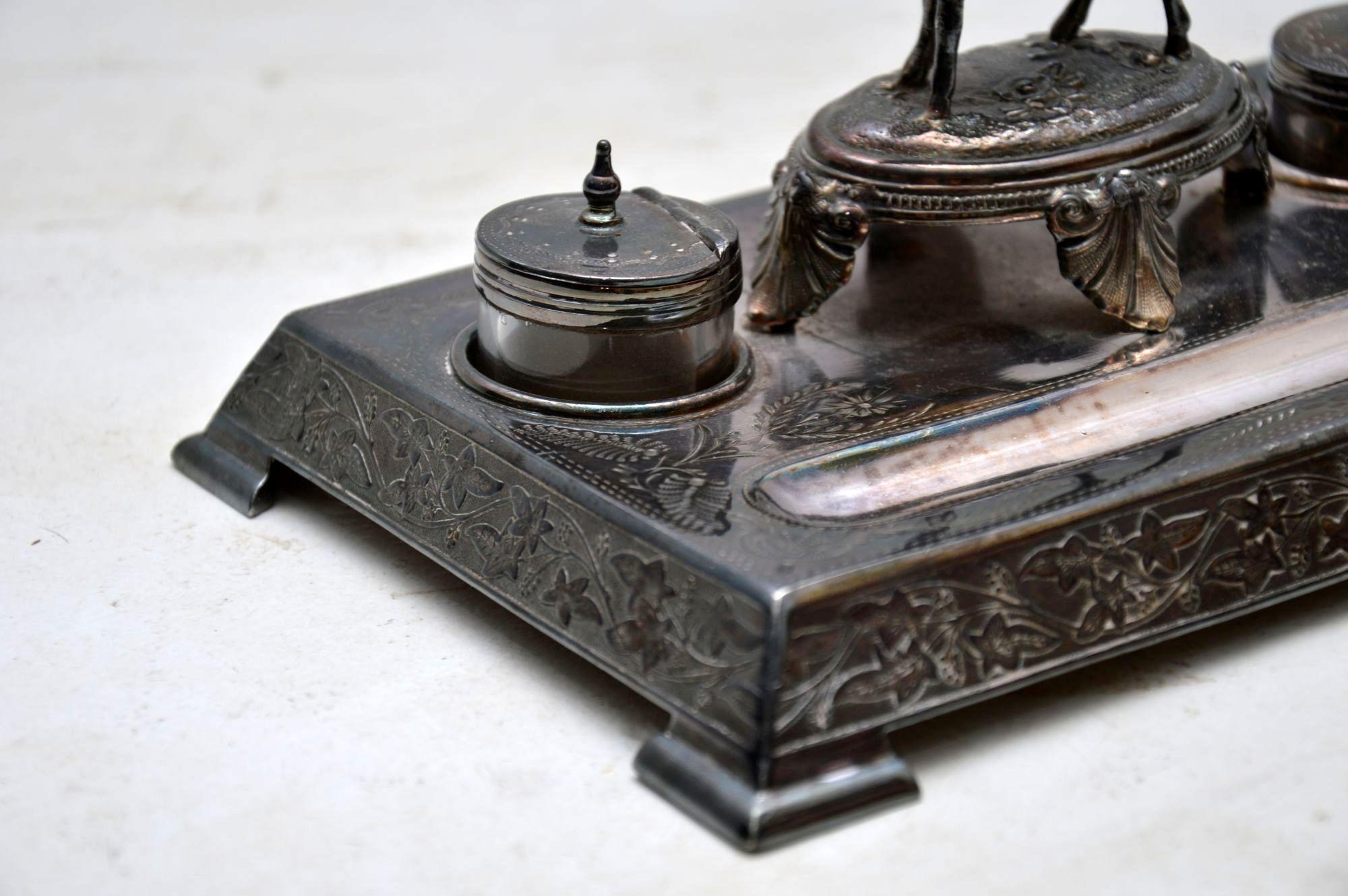 Antique Silver Plate Stag Inkwell Stand by James Deakin at 1stDibs
