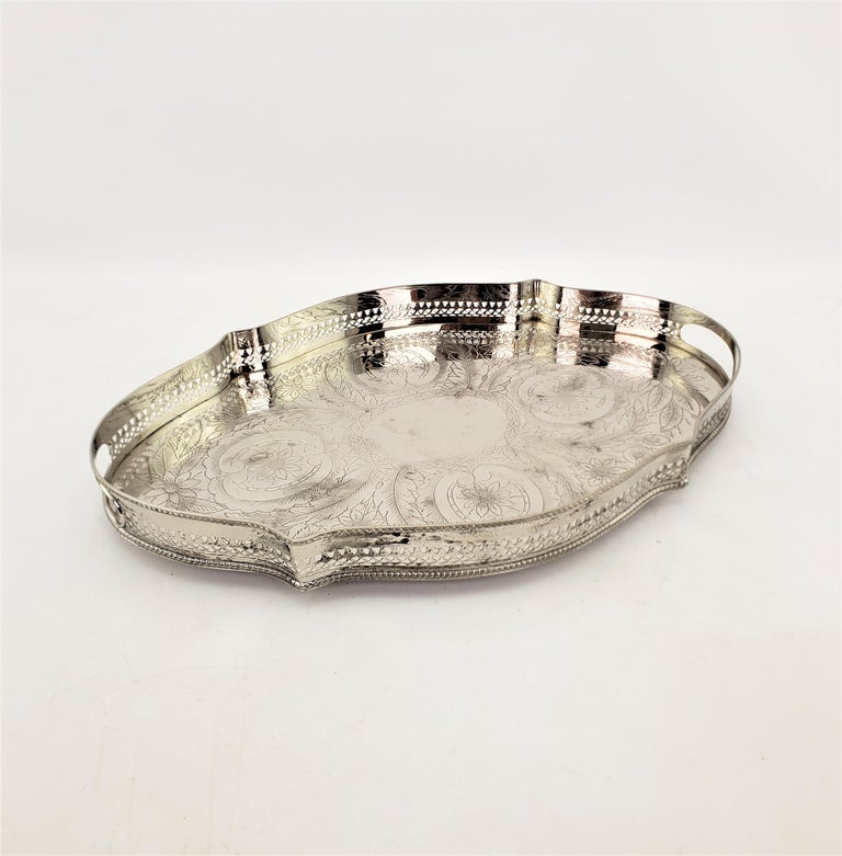 Antique Silver Plated Footed Gallery Serving Tray with Floral Engraving For Sale at 1stDibs