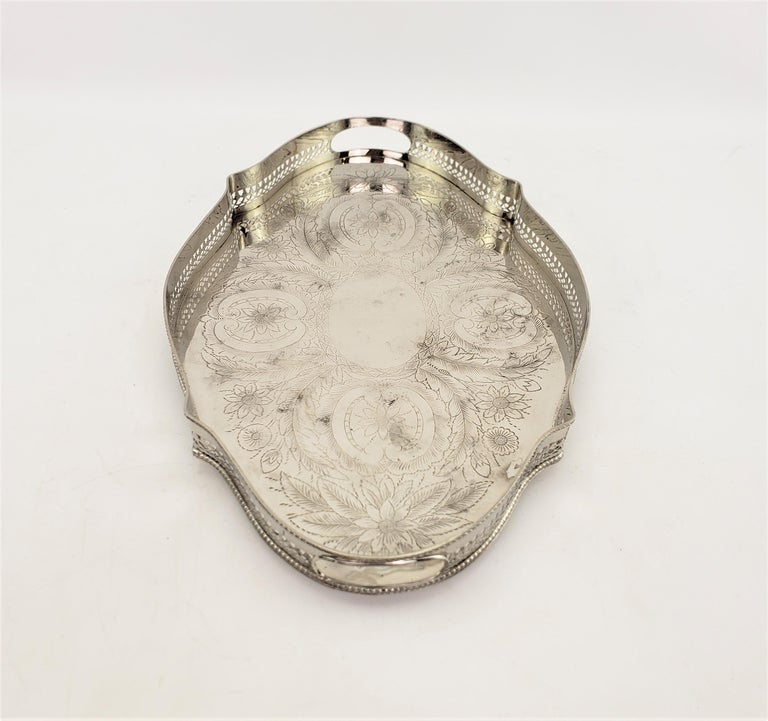 Antique Silver Plated Footed Gallery Serving Tray with Floral Engraving ...