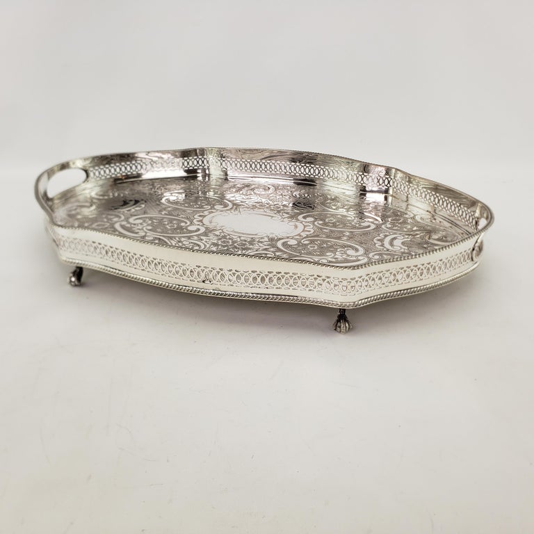 Antique Silver Plated Footed Gallery Serving Tray with Ornate Floral ...