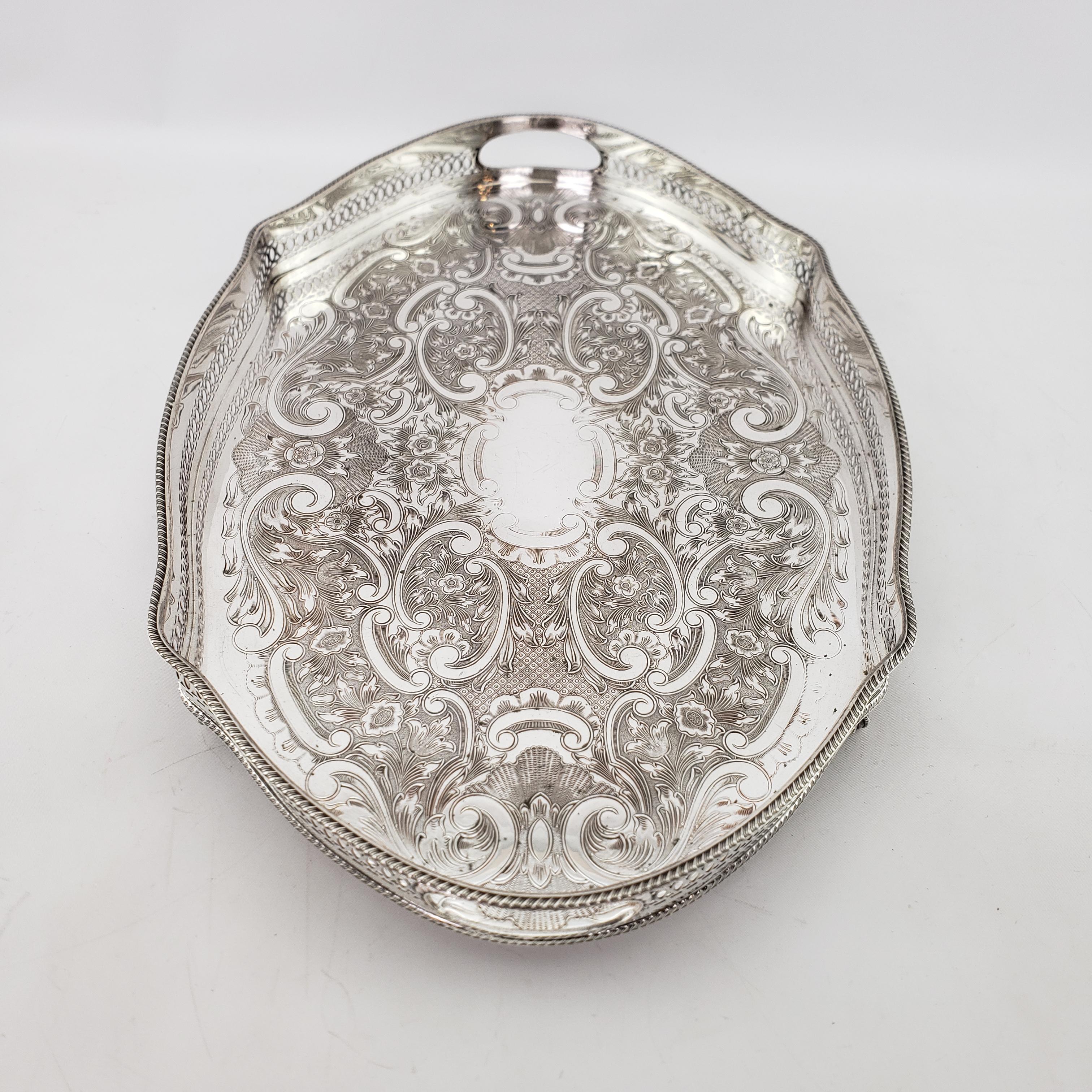 Antique Silver Plated Footed Gallery Serving Tray with Ornate Floral ...