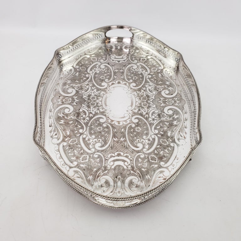 Antique Silver Plated Footed Gallery Serving Tray with Ornate Floral Engraving For Sale at 1stDibs