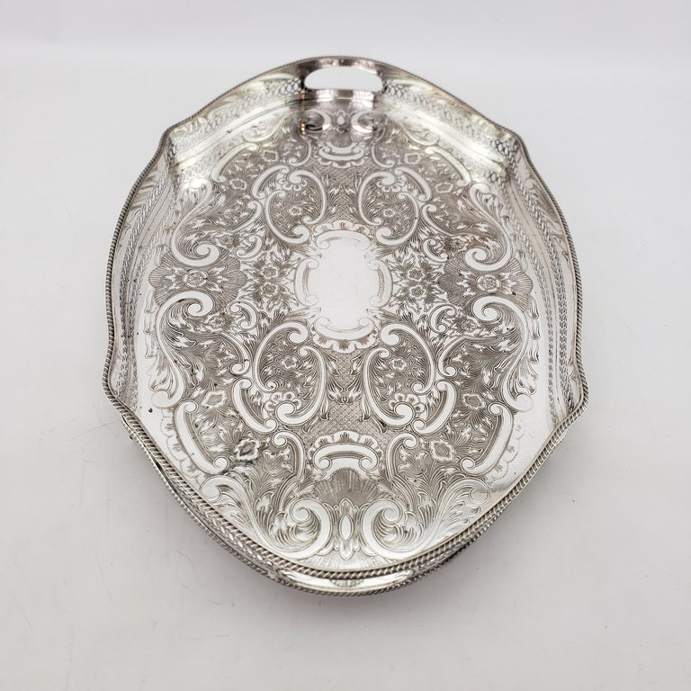 Antique Silver Plated Footed Gallery Serving Tray with Ornate Floral ...
