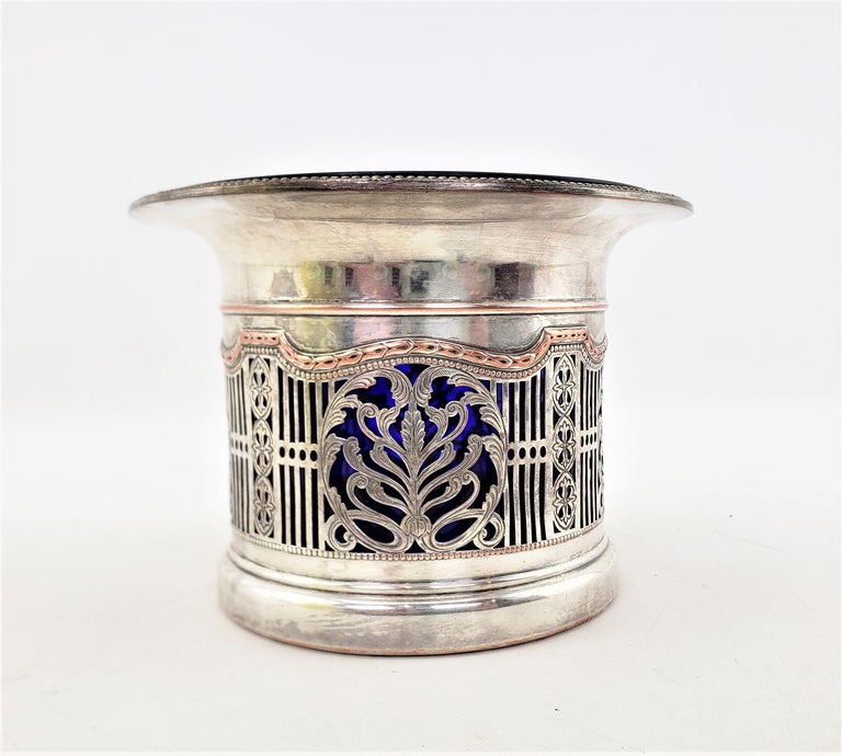 Antique Silver Plated Pierced Bottle Coaster or Chiller with a Cobalt ...