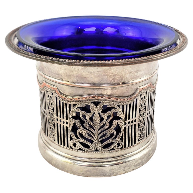 Antique Silver Plated Pierced Bottle Coaster or Chiller with a Cobalt ...