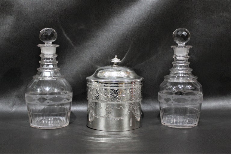 Antique Silver Plated Sherry Stand with Glass Decanters and Biscuit ...
