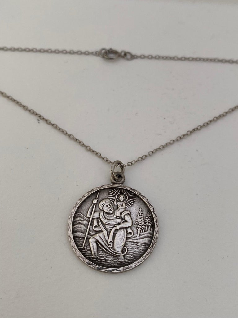 Antique Silver St. Christopher Pendant Necklace For Sale at 1stDibs