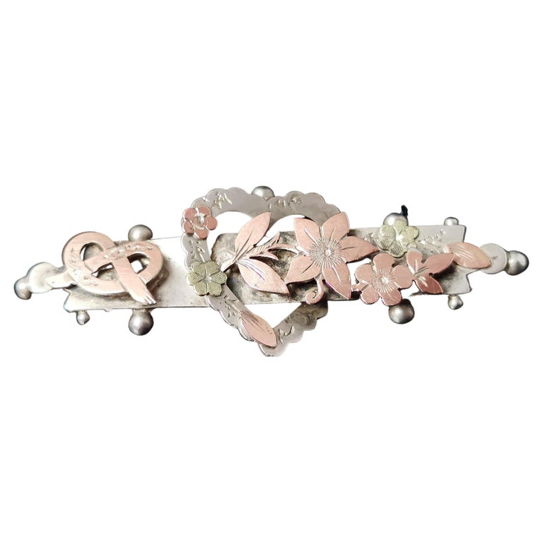 Antique Silver Sweetheart Brooch, 9k Gold, Heart, Knot and Flowers For ...