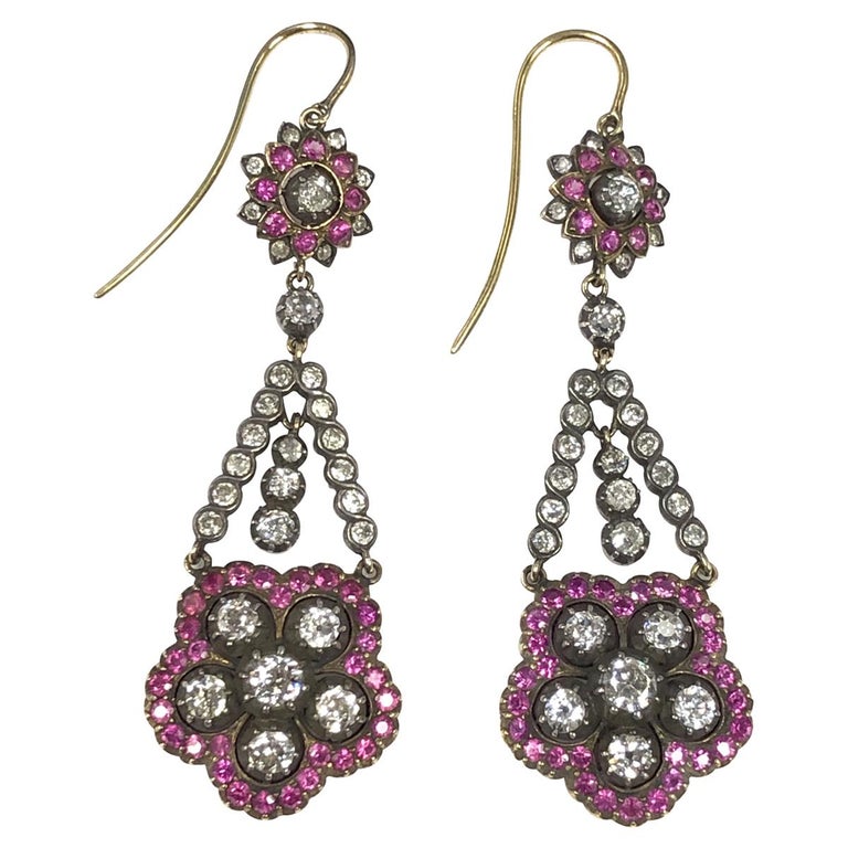 Antique Silver Top Gold Diamond and Ruby Long Dangle Earrings at 1stDibs