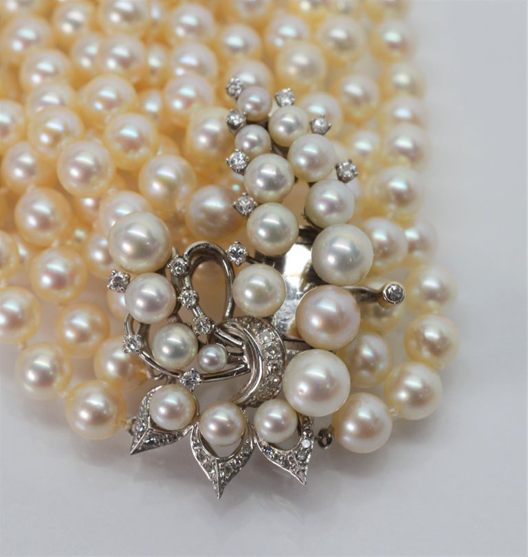 Antique Six-Strand Pearl Drape Necklace with Platinum Diamond Clasp at ...