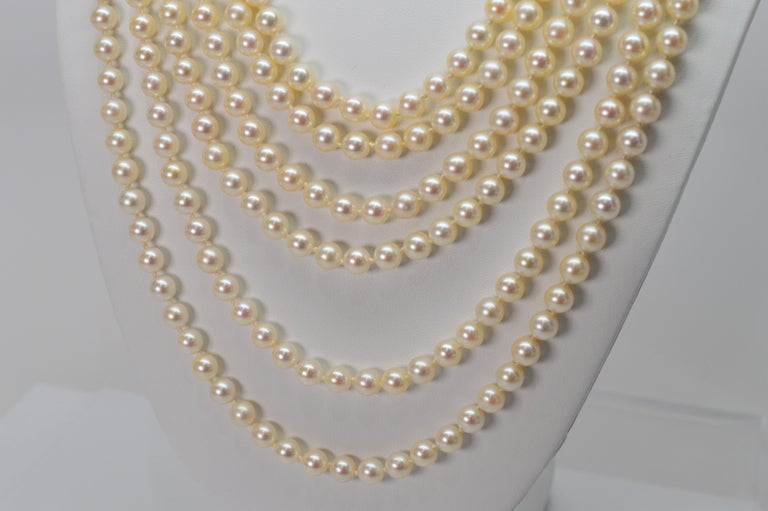 Antique Six-Strand Pearl Drape Necklace with Platinum Diamond Clasp at ...