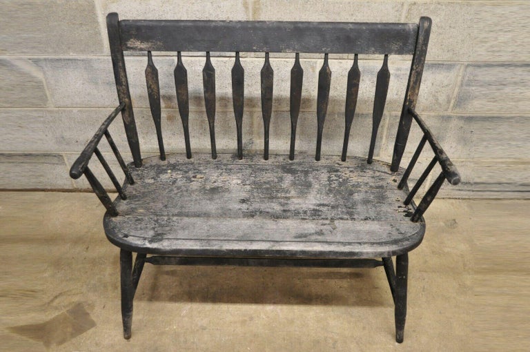 Antique Small Arrow Back Black Distress Painted Wooden Primitive Bench ...