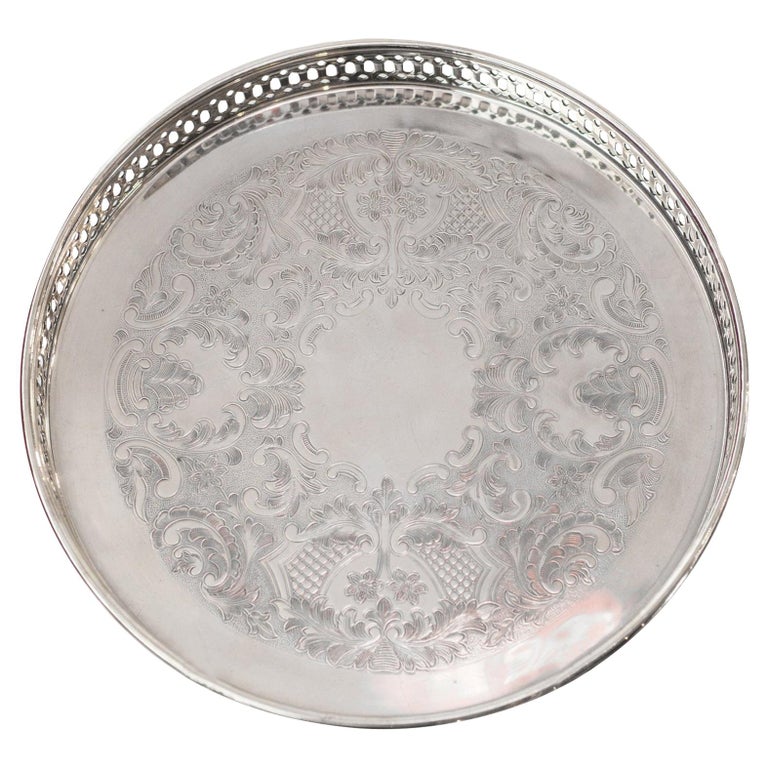 Antique Small Silver Plate Round Serving Tray with Gallery Rim at 1stDibs