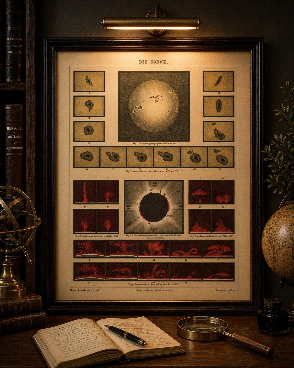 Antique Solar Study Chart “Die Sonne”, Meyers Scientific Plate Leipzig ...