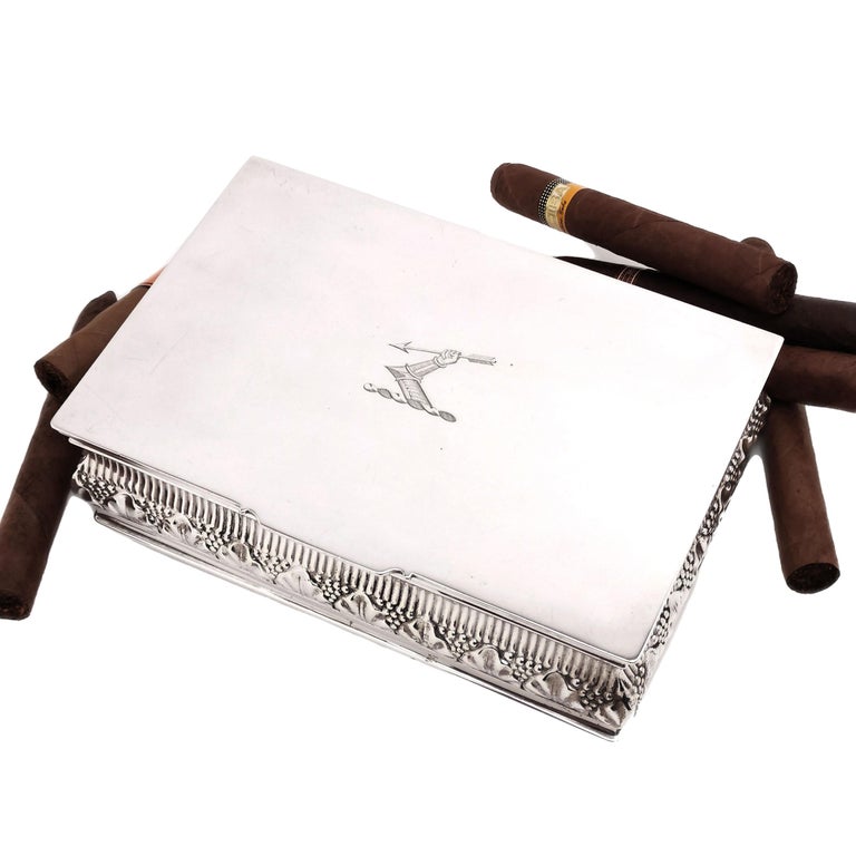 Antique Solid Silver Cigar Box / Cigarette Box 1902 Chased with Crest ...