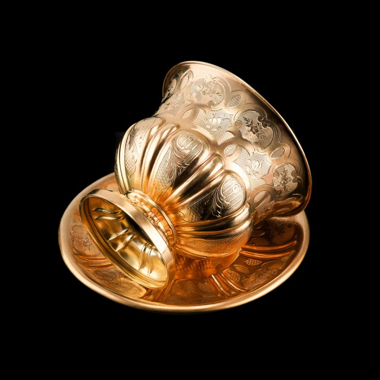 Antique Solid Silver Gilt Cup and Saucer with Fine Engravings, c.1880 ...