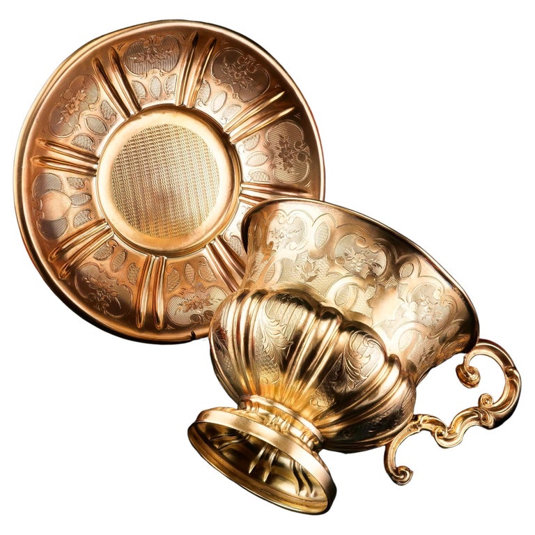 Antique Solid Silver Gilt Cup and Saucer with Fine Engravings, c.1880 ...