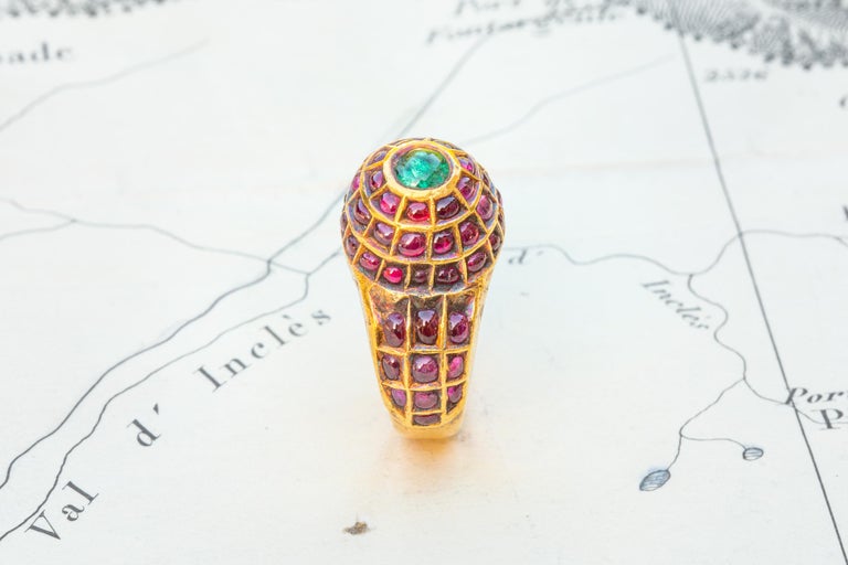 Antique South Indian Heavy 22K Gold Emerald and Ruby Statement Ring ...