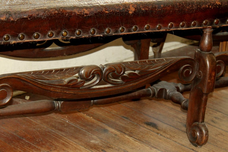 Antique Spanish Colonial Hand-Carved Mahogany Embossed Leather Long ...