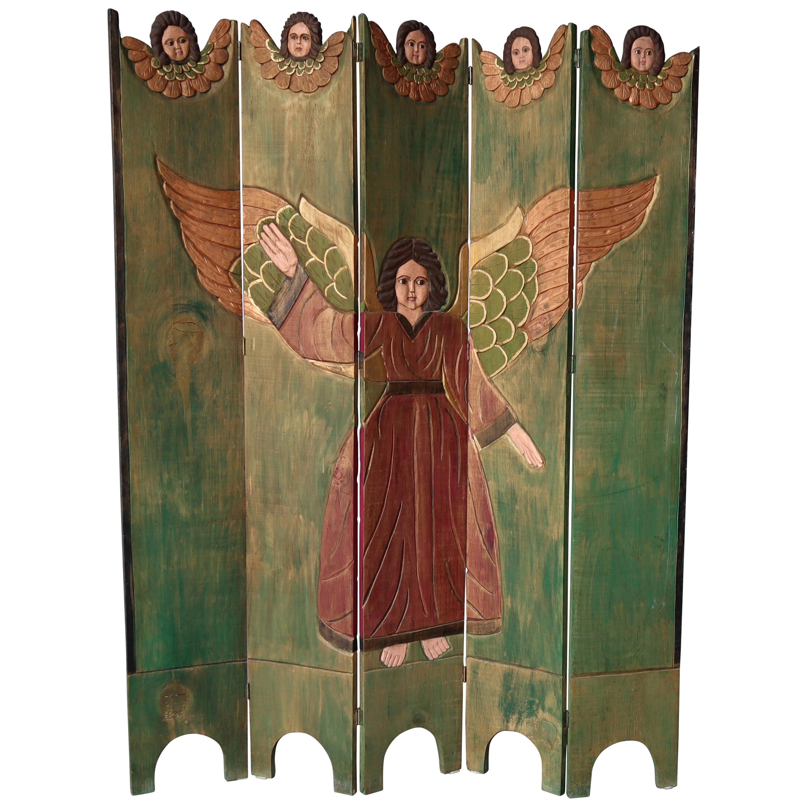 Antique Spanish Folk Art Five-Panel Screen Room Divider For Sale at 1stDibs