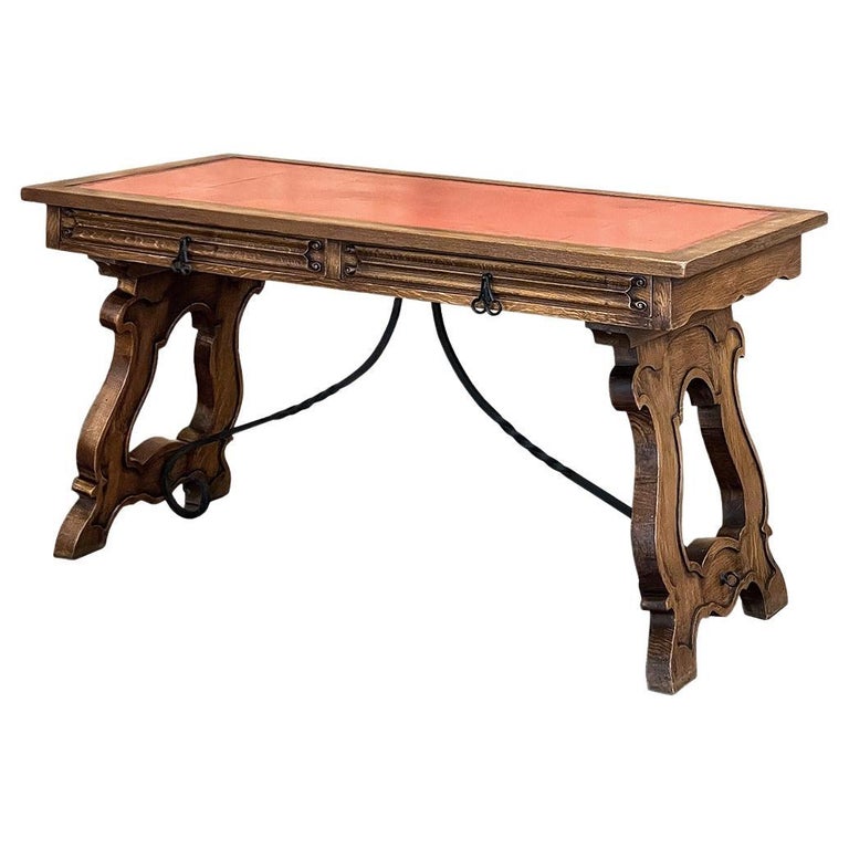 Antique Spanish Gothic Leather Top Desk, Writing Table For Sale at 1stDibs
