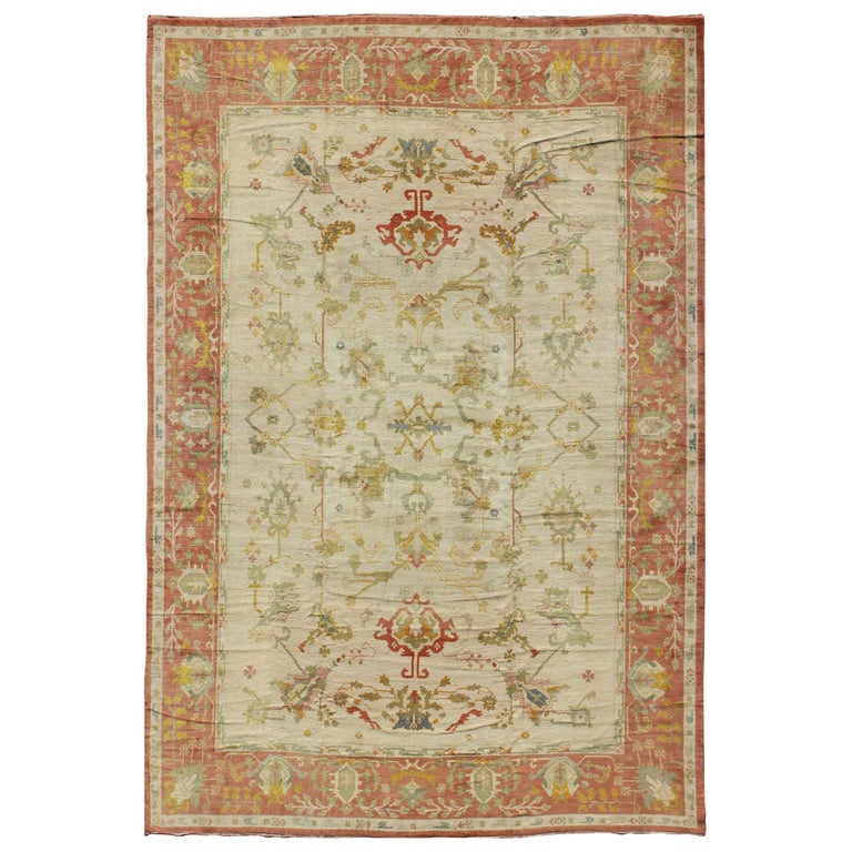 Antique Spanish Large Rug in Ivory Background, Green and Coral Border ...