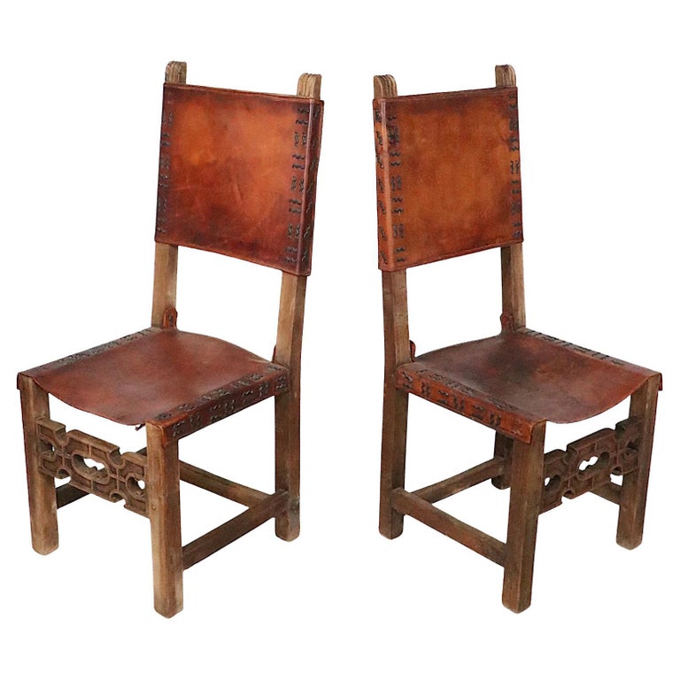 Antique Spanish Leather and Wood Dining Chairs For Sale at 1stDibs