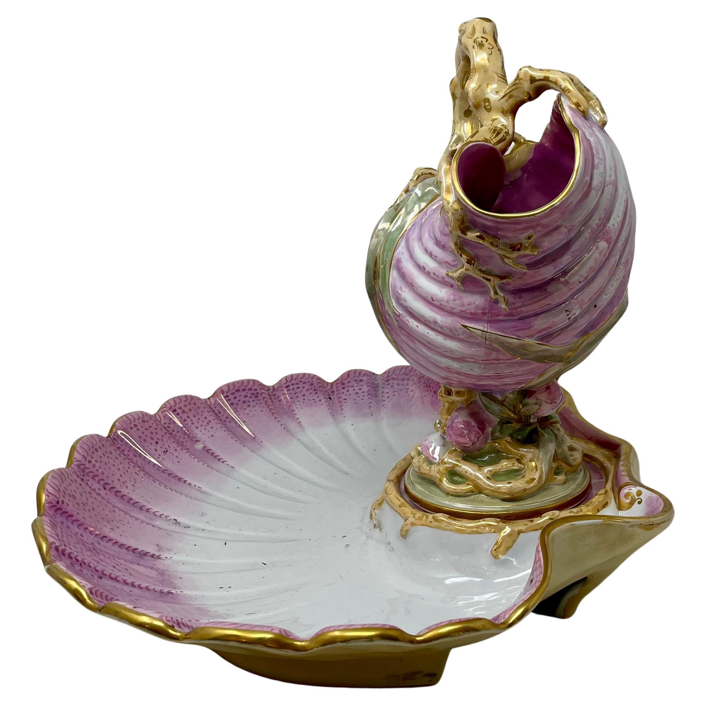 Antique Spanish Porcelain Pink and Gold Shell Water Pitcher and Basin ...