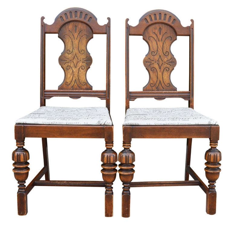 Antique Spanish Style Chairs with Taupe and Brown Upholstered Seat Pair ...