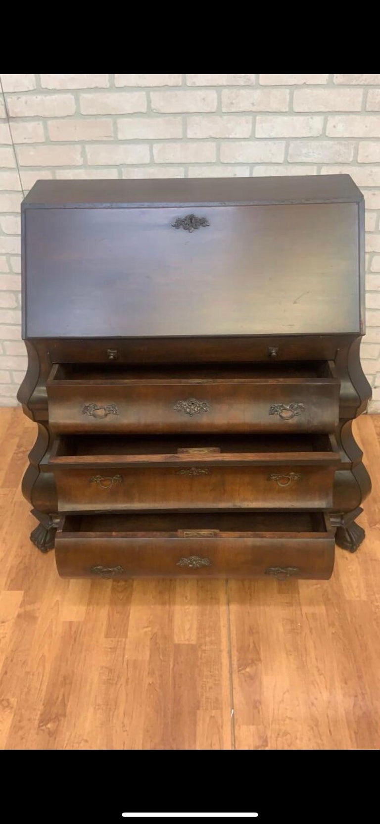 Antique Spanish Walnut Burl and Rosewood Claw Foot Drop Front Secretary ...