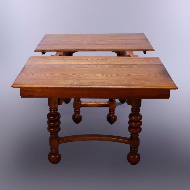 Antique Square Oak Extension Dining Table with Five Banquet Leaves ...