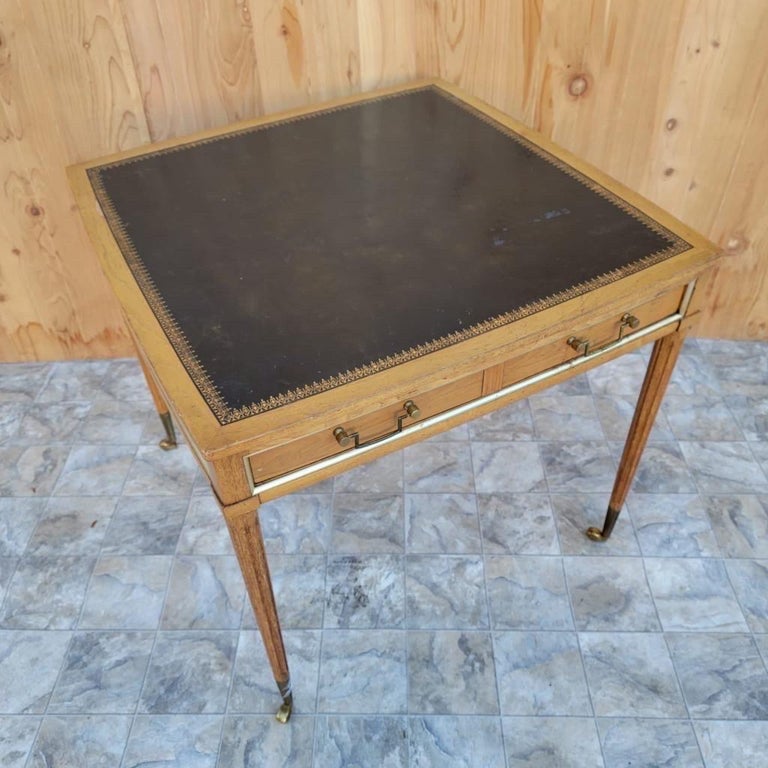 Antique Square Wood Tooled Leather Top Game Table For Sale at 1stDibs