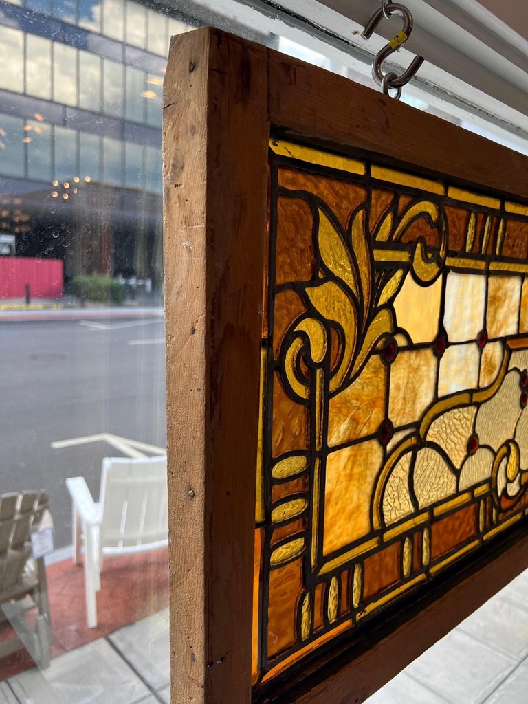 Antique Stained Glass Transom with Beveled Glass Center and Jewels For ...