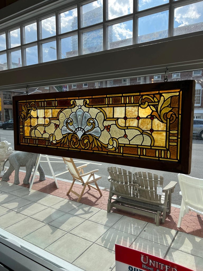 Antique Stained Glass Transom with Beveled Glass Center and Jewels For ...