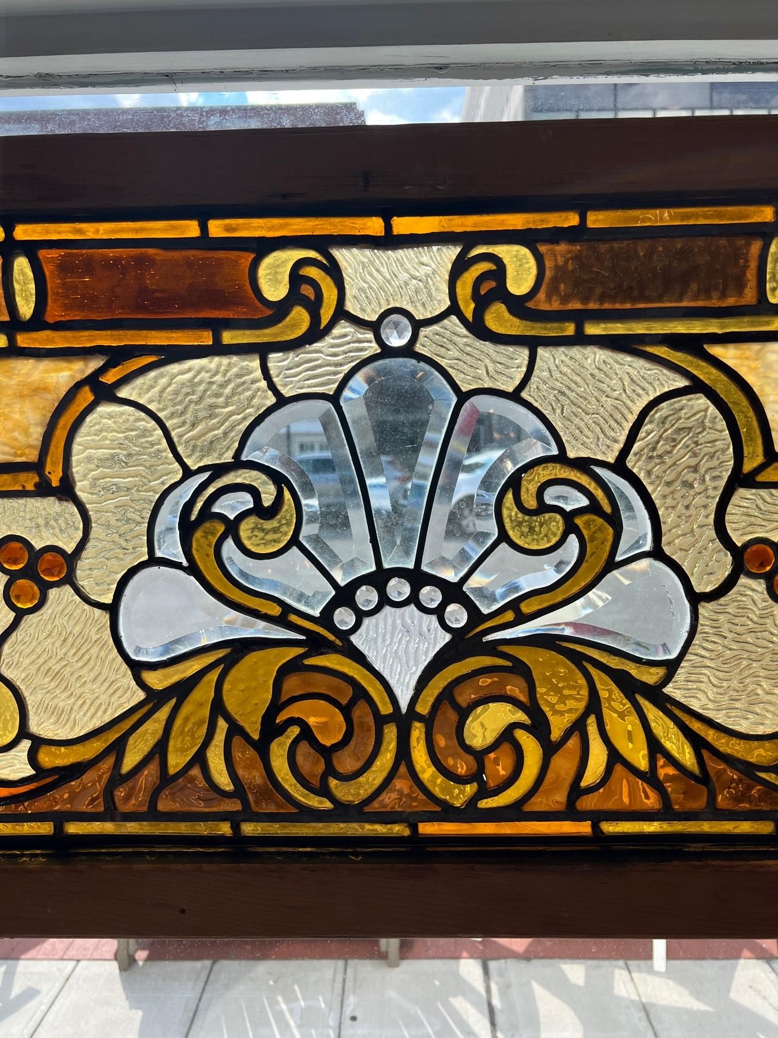 Antique Stained Glass Transom with Beveled Glass Center and Jewels For ...