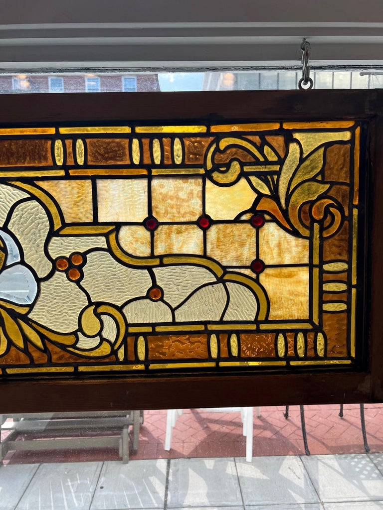 Antique Stained Glass Transom with Beveled Glass Center and Jewels For ...