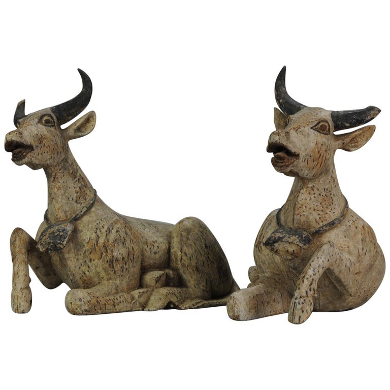 Antique Statue of Temple Cow India / Indonesia Wood Carved Ennamel at ...