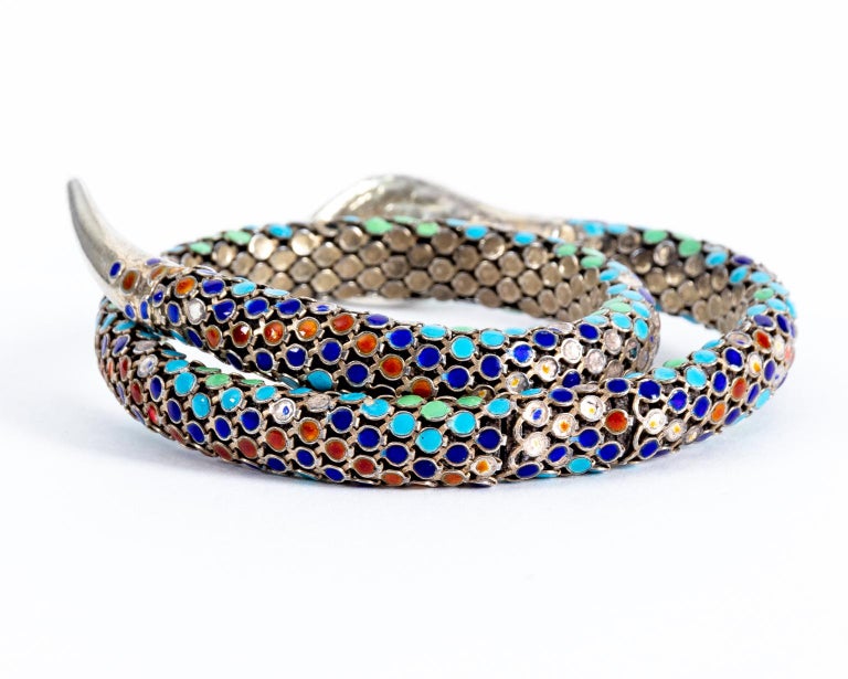 Antique Sterling and Enamel Art Deco Coil Snake Bracelet For Sale at ...