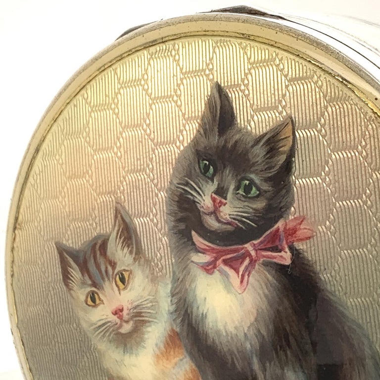 Antique Sterling and Enamel Cat Box For Sale at 1stDibs