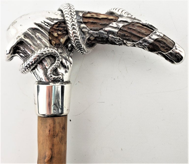Antique Sterling Handled Walking Stick or Cane with Figural Snake or ...