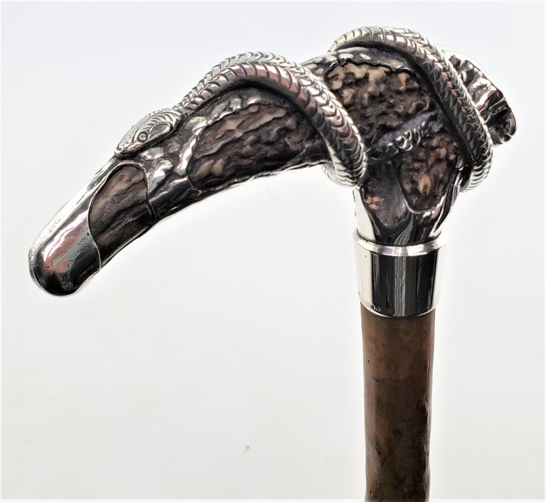 Antique Sterling Handled Walking Stick or Cane with Figural Snake or ...