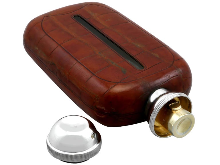 Antique Sterling Silver and Crocodile Skin Hip Flask and Beaker For ...