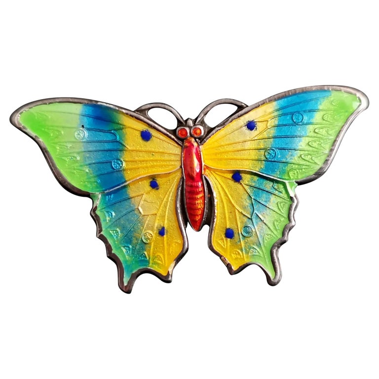 Antique Sterling Silver and Enamel Butterfly Brooch For Sale at 1stDibs