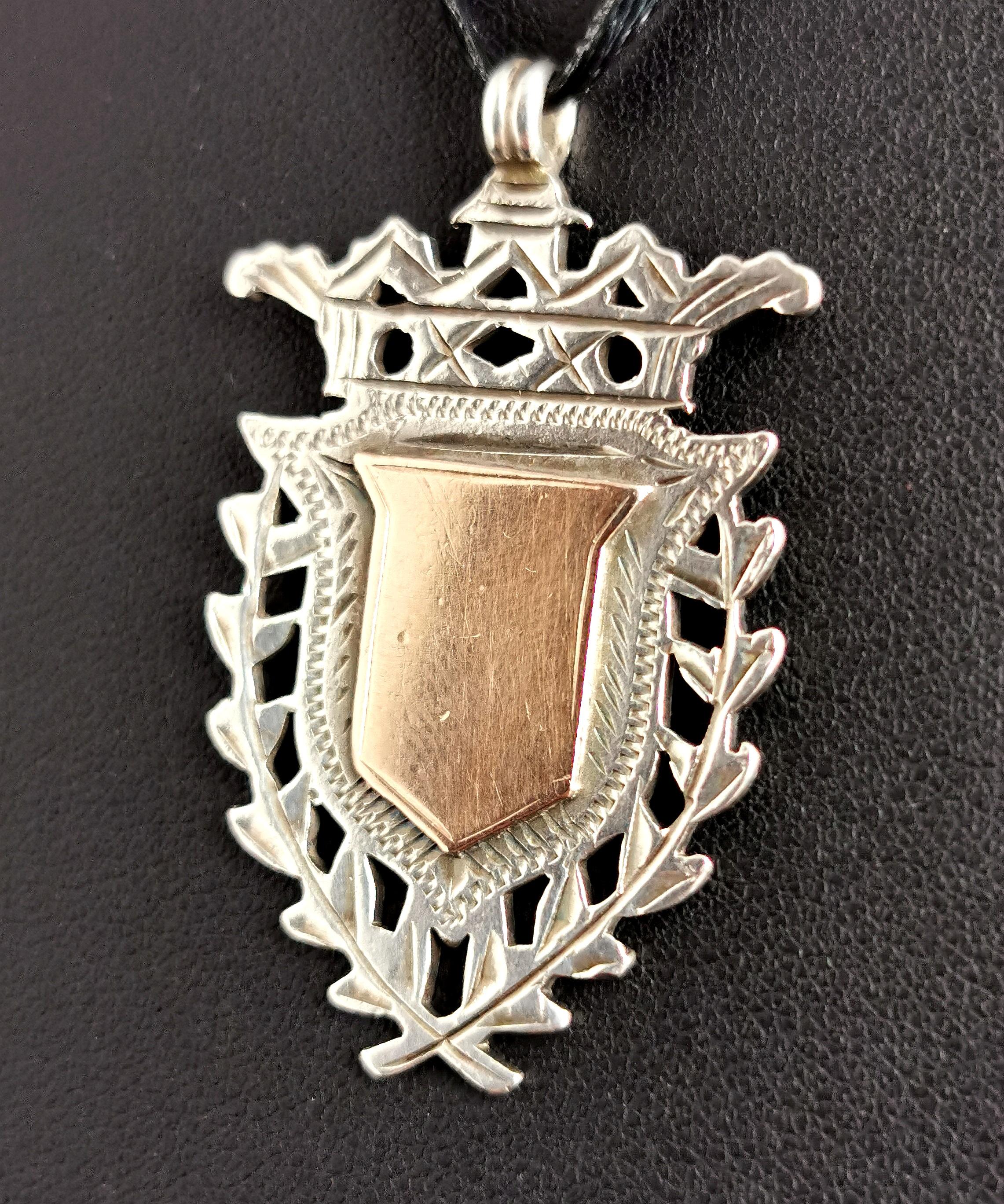 Antique Sterling Silver and Rose Gold Shield Fob Pendant, Watch Fob For ...