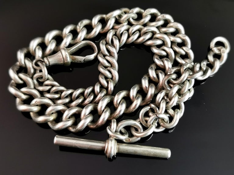 Antique Sterling Silver Curb Link Albert Chain, Watch Chain, Heavy ...